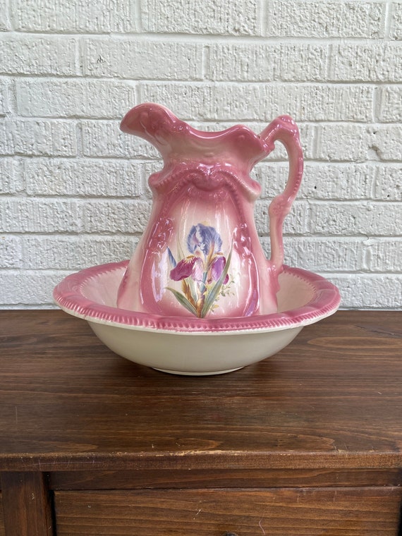Large Vintage Pink Floral Water Wash Basin and Pitcher Floral - Etsy