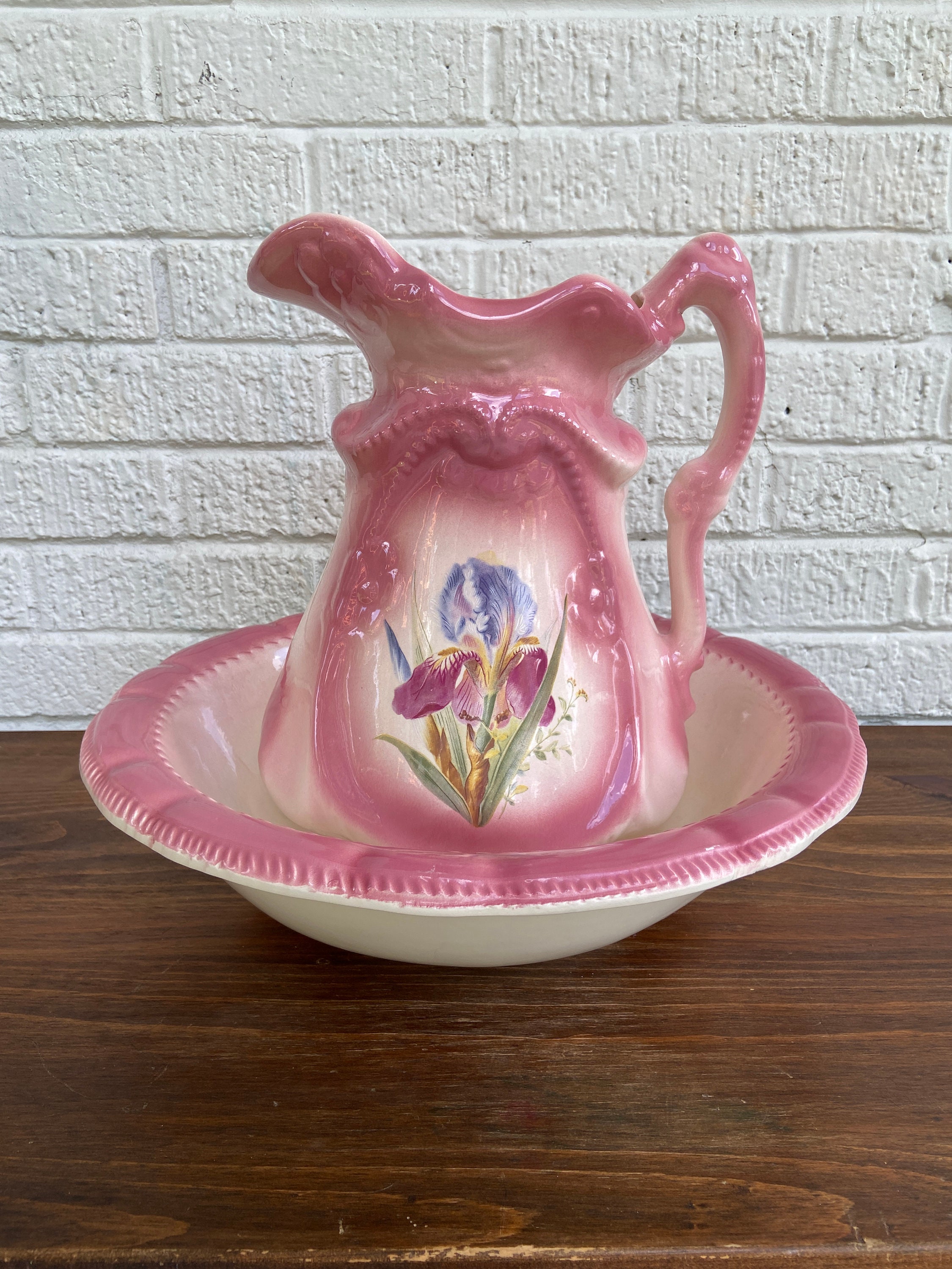 Large Vintage Pink Floral Water Wash Basin and Pitcher, Floral Pitcher ...