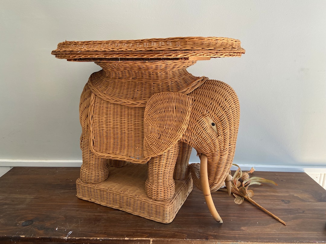 Large Wicker Elephant End Side Table, Boho Eclectic Living Room ...