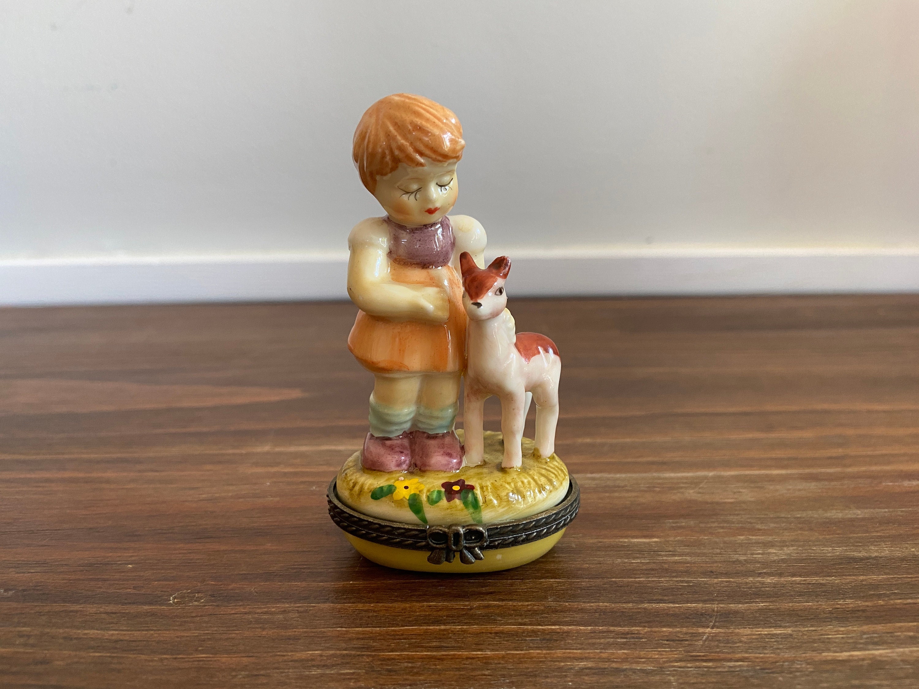 Vintage Hinged Trinket Ring Box With Little Girl and Fawn, Gift for ...