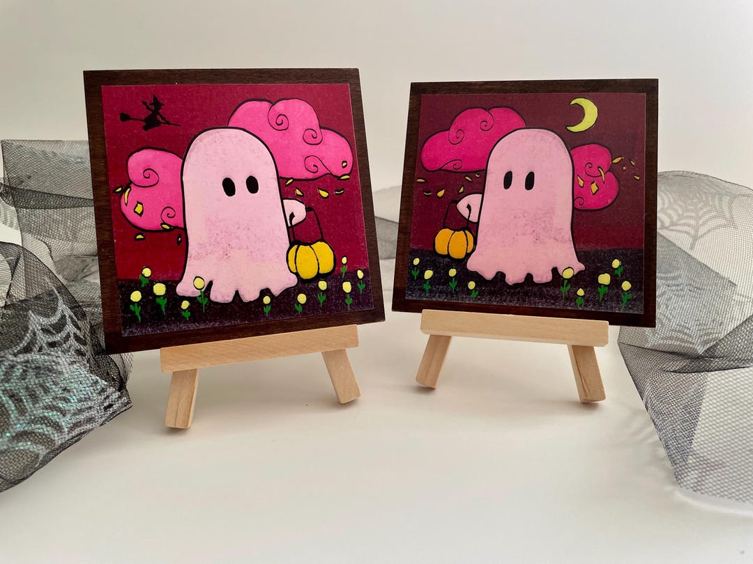 Pink Ghost Halloween Decor: Tiny Wood Panel Art With Easel - Etsy