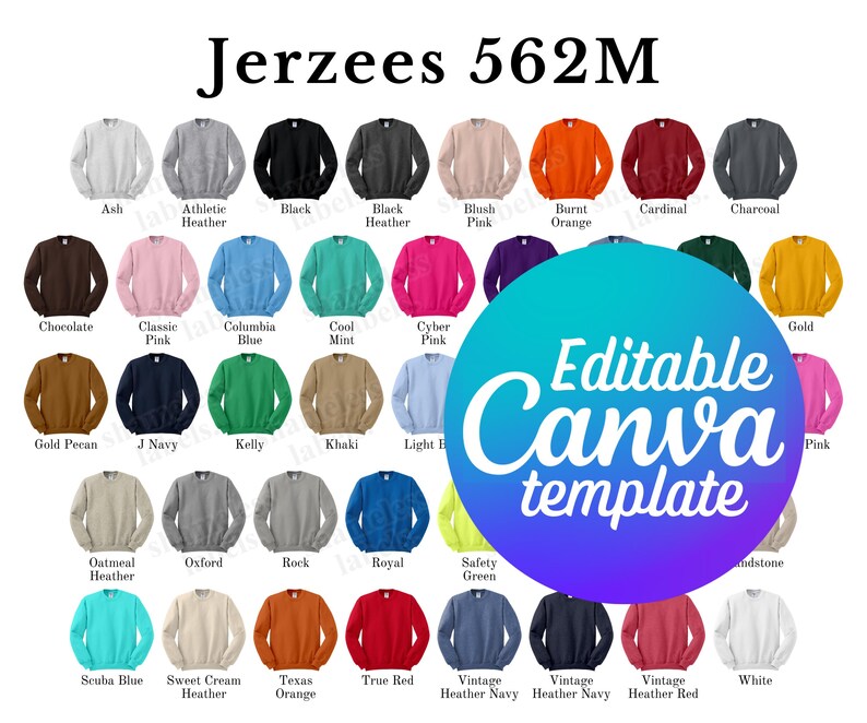 Editable Jerzees 562 Color Chart & Size Chart, Canva Template, Jerzees ...