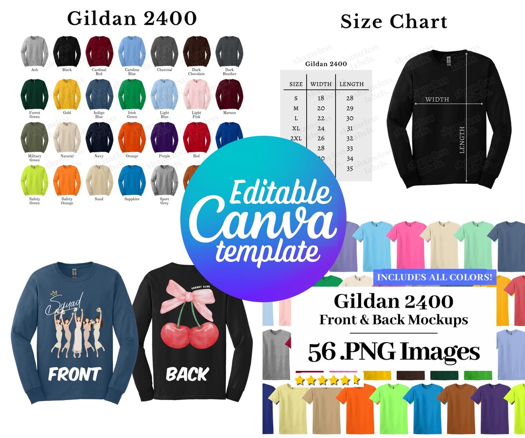 Gildan 2400 Color Chart & Size Chart, Editable Canva Template, 2400 ...