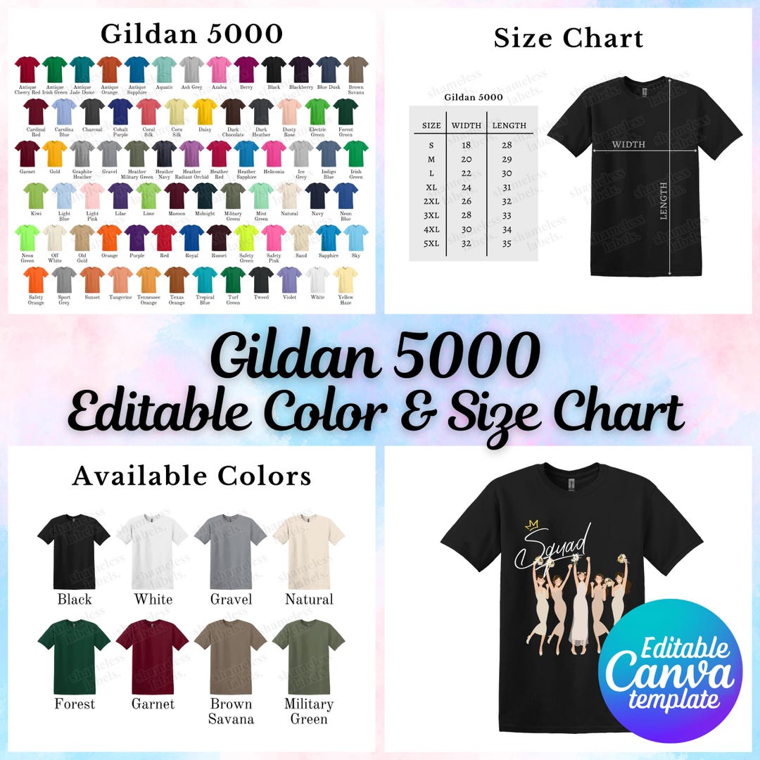 Gildan 5000 Size Chart & Color Chart, Editable Canva Template, G500 ...