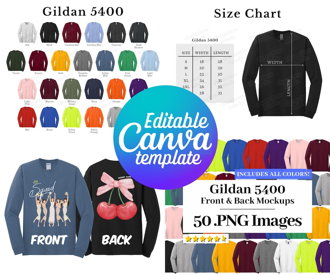 Gildan 5400 Color Chart & Size Chart, Editable Canva Template, 5400 ...