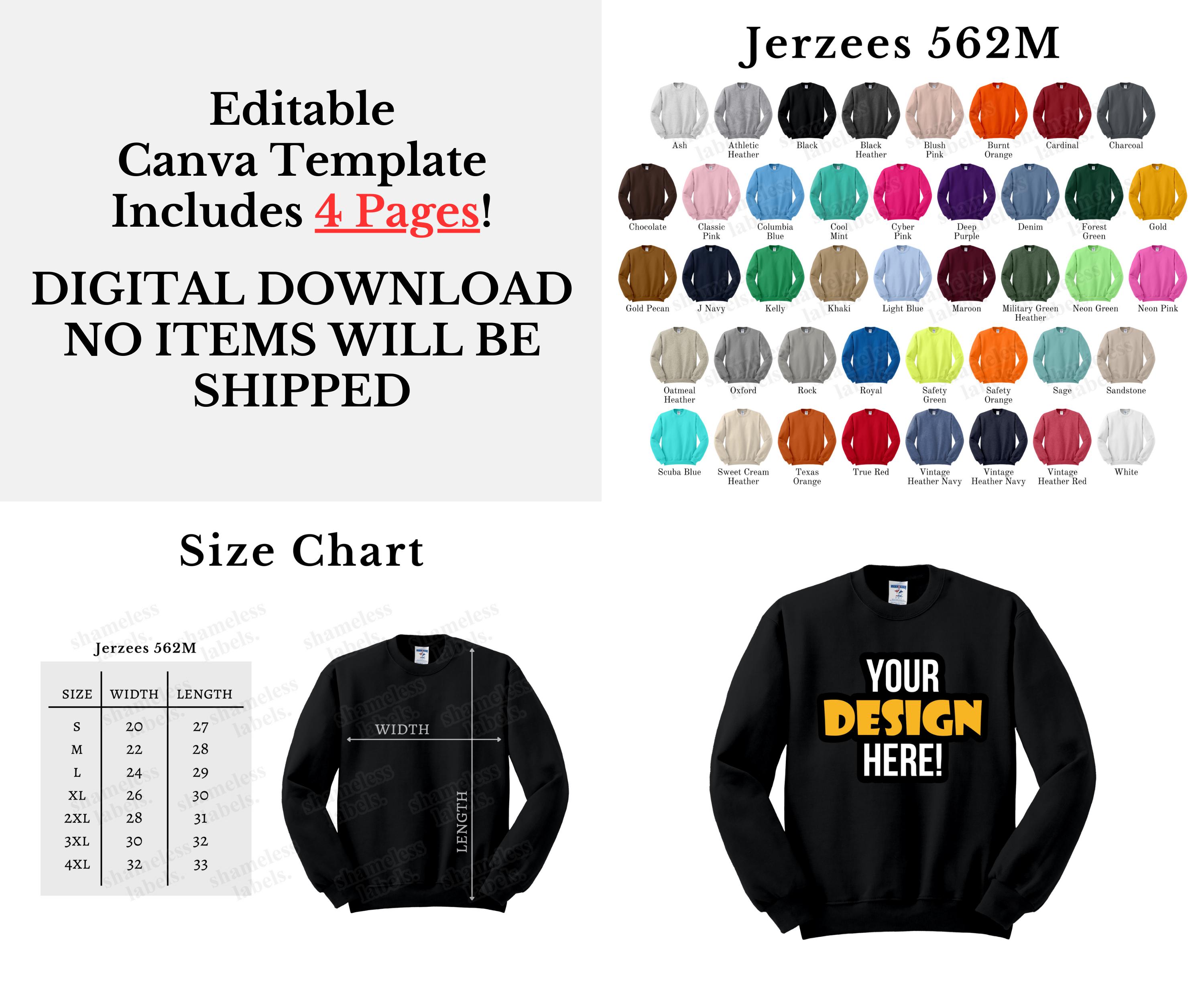 Editable Jerzees 562 Color Chart & Size Chart, Canva Template, Jerzees ...