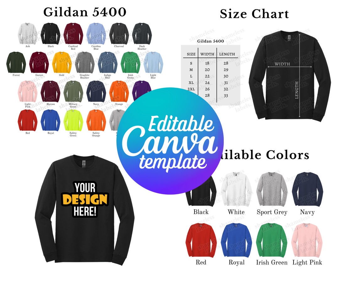 Editable Gildan 5400 Color Chart & Size Chart, Canva Template, G540 ...