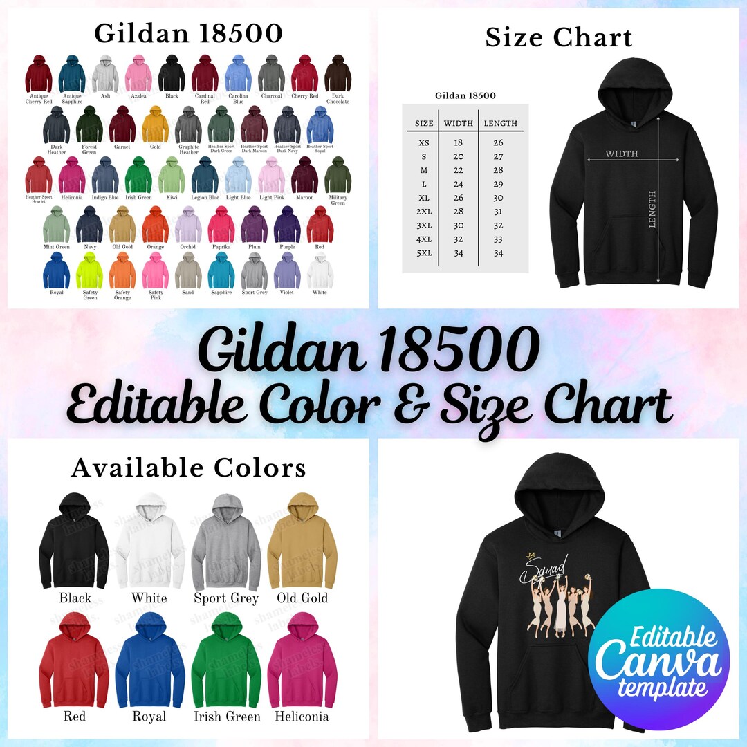 Gildan 18500 Size Chart & Color Chart, Editable Canva Template, G185 ...