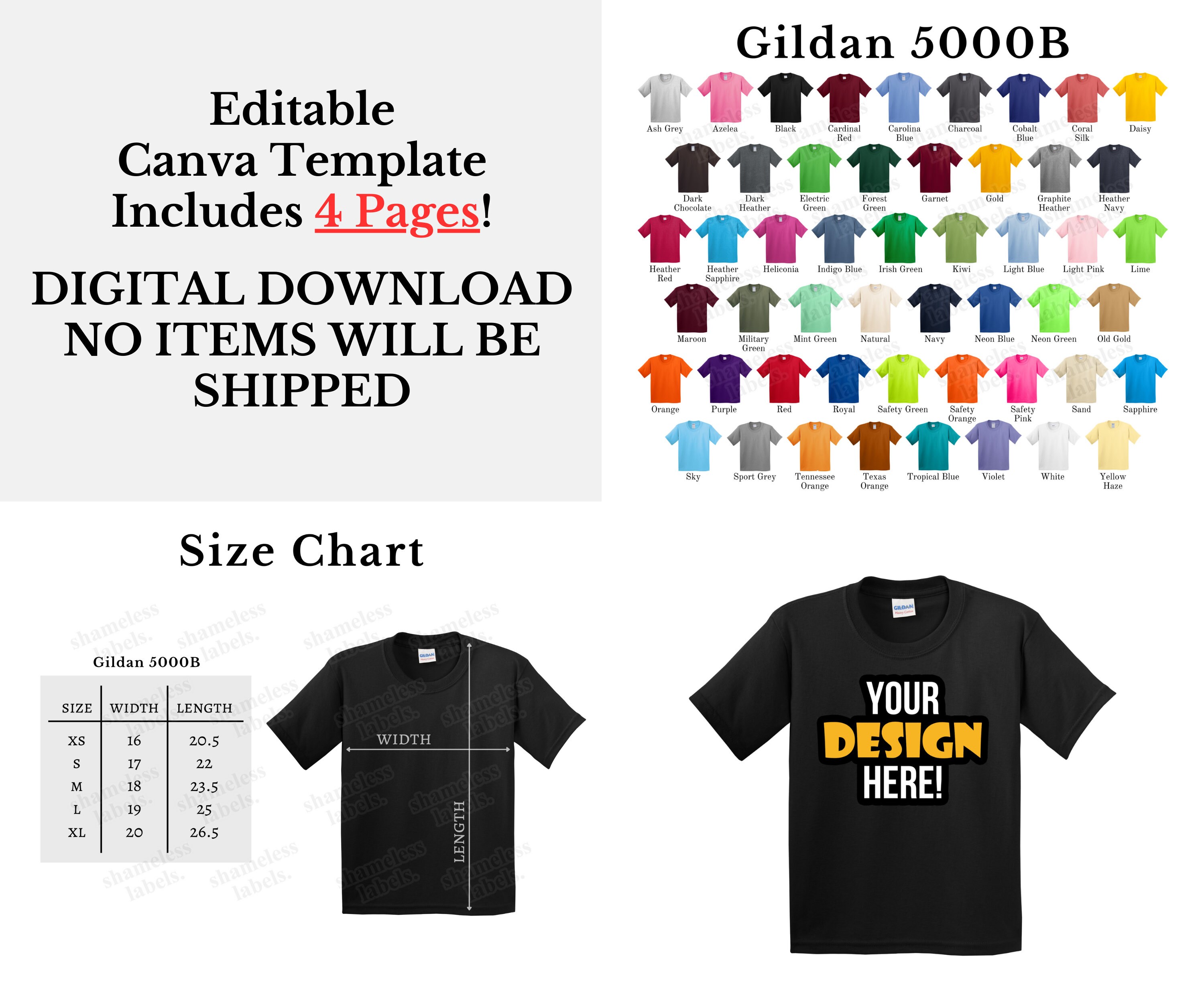 Editable Gildan 5000B Color Chart & Size Chart, Canva Template, G500B ...