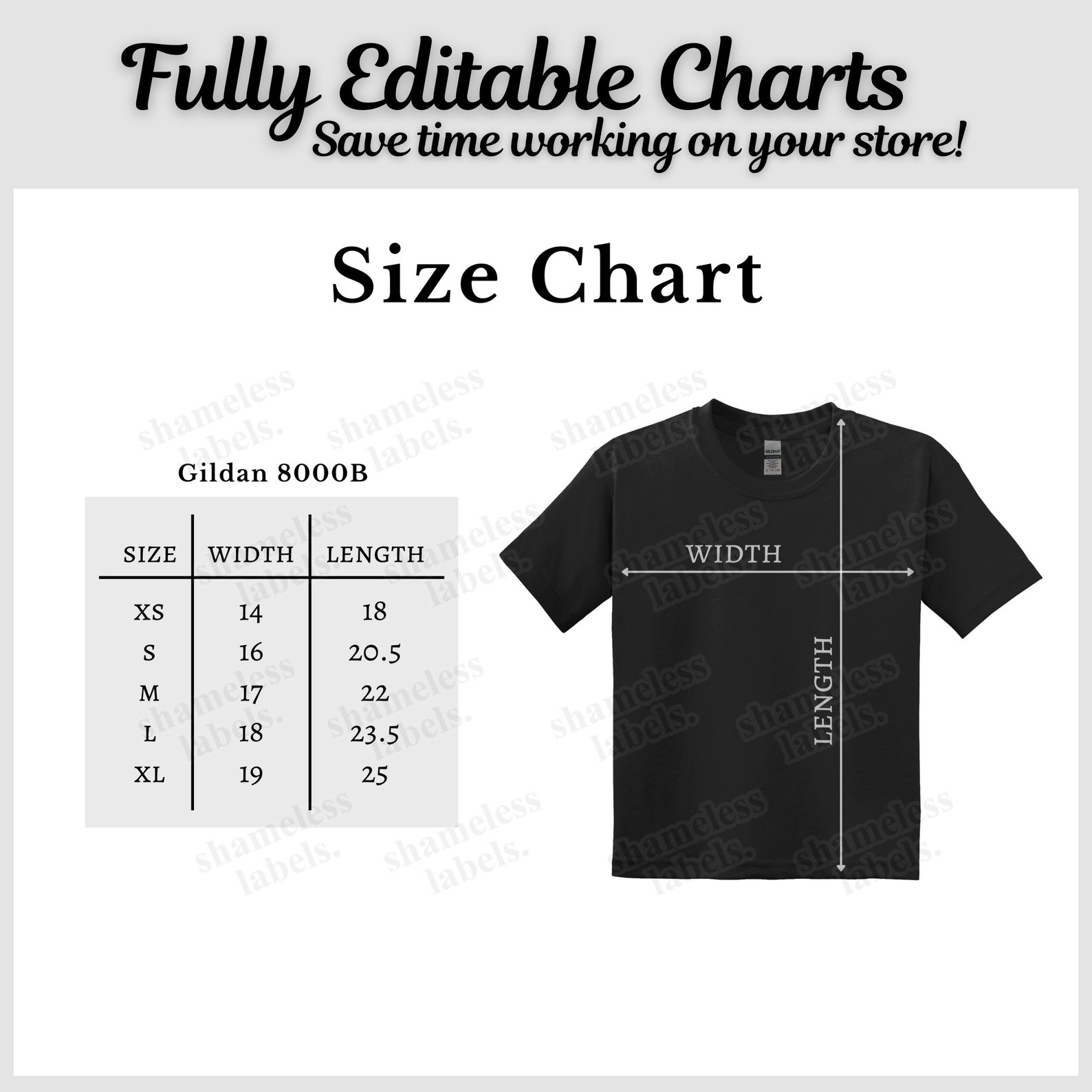 Gildan 8000B Color Chart & Size Chart, Editable Canva Template, G800B ...