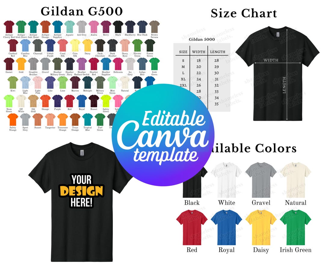 Editable Gildan G500 Color Chart & Size Chart, Canva Template, 5000 ...