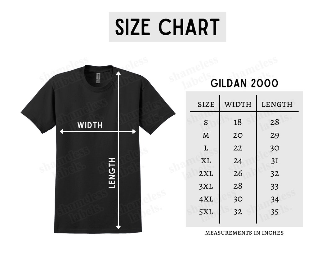 Gildan 2000 Size Chart, Black Cotton T-shirt Size Chart, 2000 Size ...