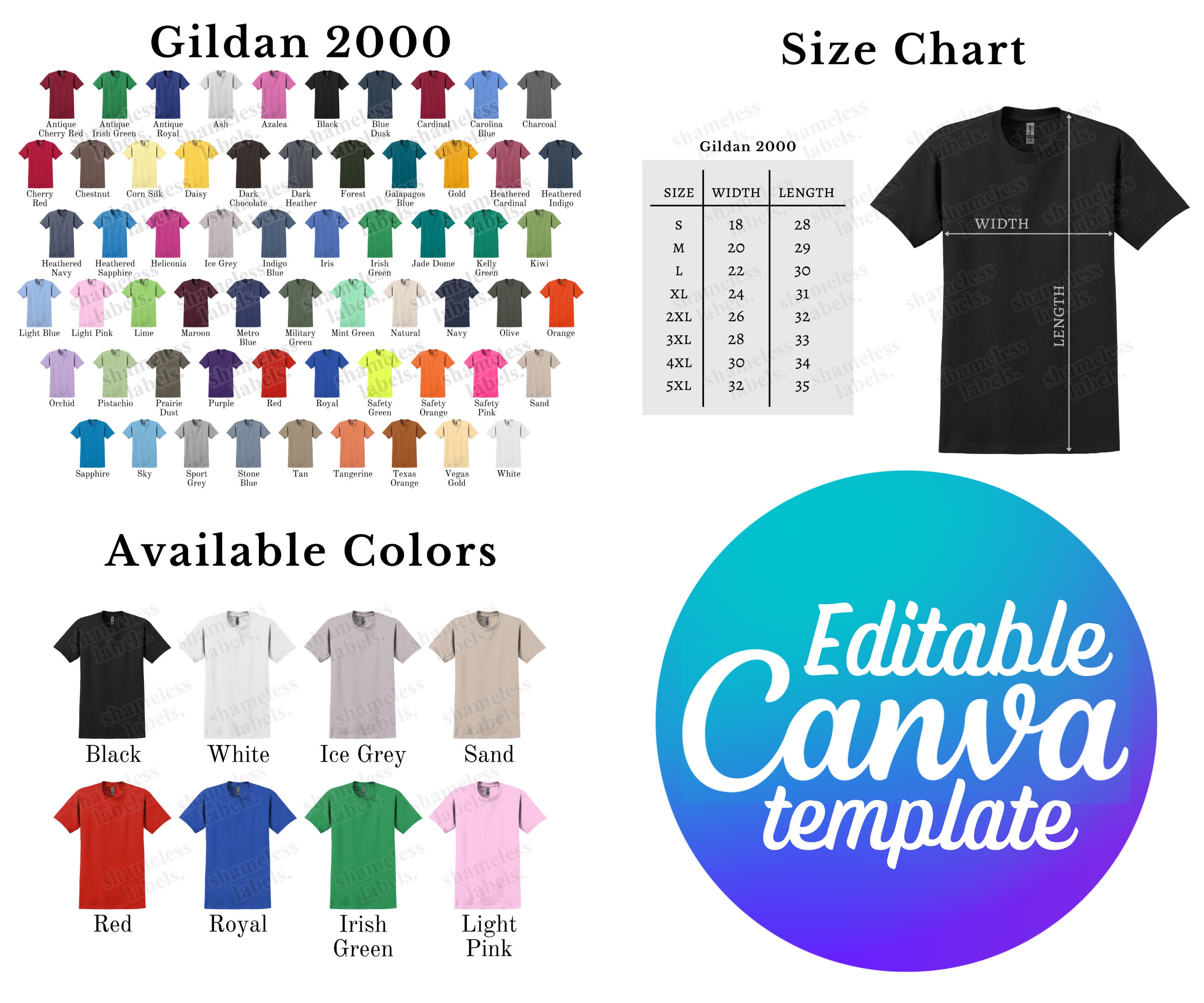 Editable Gildan 2000 Color Chart & Size Chart Canva Template - Etsy Canada