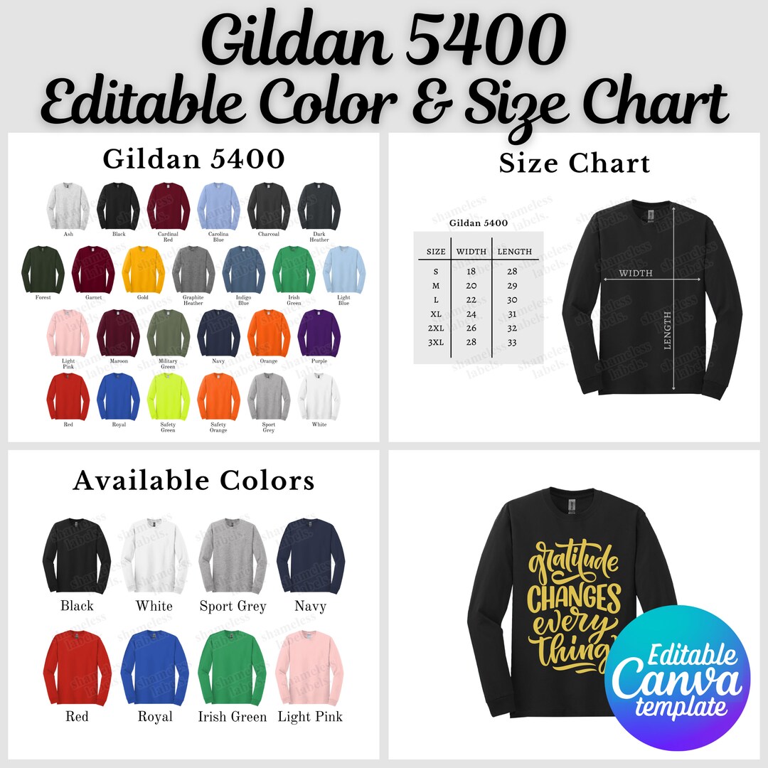 Gildan 5400 Color Chart & Size Chart, Editable Canva Template, G540 ...