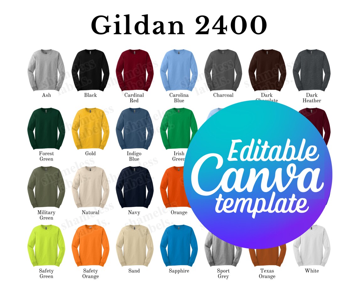 Editable Gildan 2400 Color Chart & Size Chart, Canva Template, G240 ...