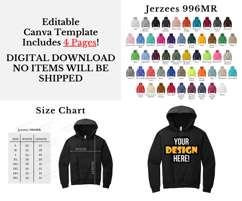 Editable Jerzees 996MR Color Chart & Size Chart, Canva Template, 996MR ...