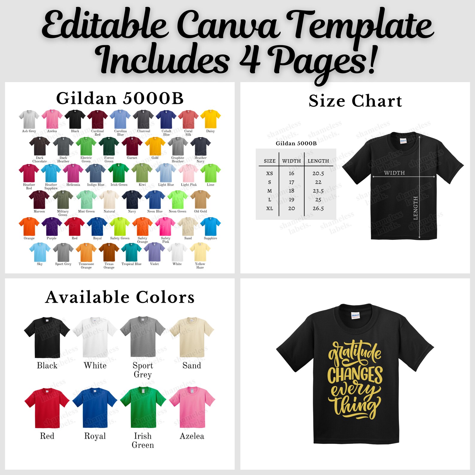 Gildan 5000B Color Chart & Size Chart, Editable Canva Template, G500B ...