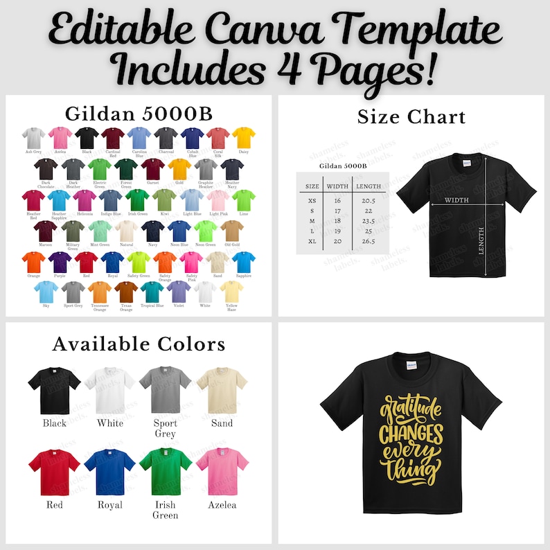Gildan 5000B Color Chart & Size Chart, Editable Canva Template, G500B ...