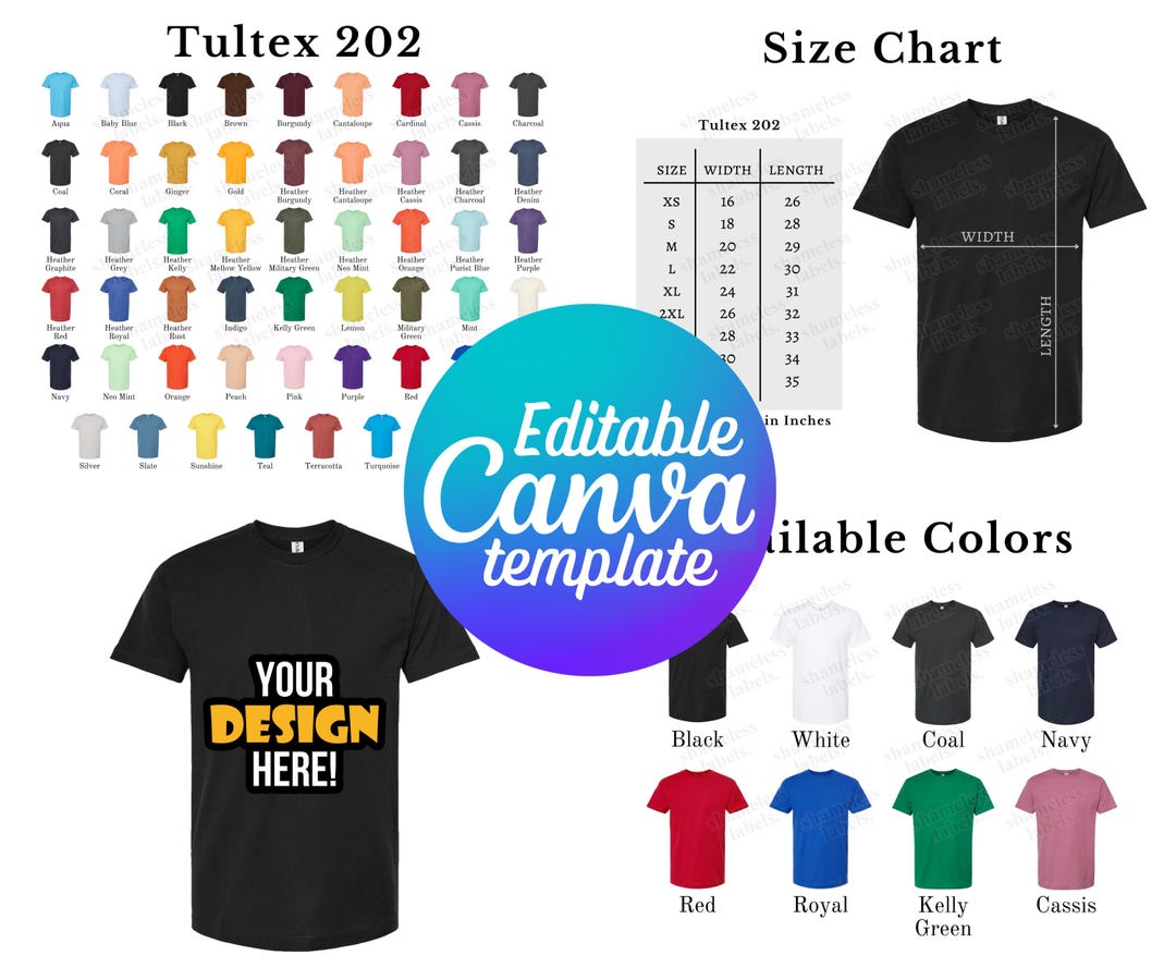 Tultex 202 Color Chart & Size Chart, Editable Canva Template, Tultex ...