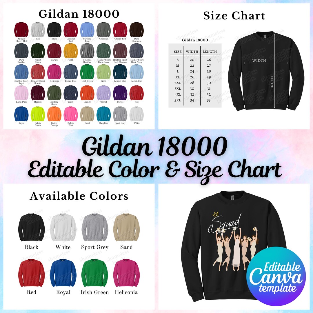 Gildan 18000 Size Chart & Color Chart, Editable Canva Template, G180 ...