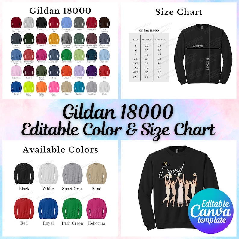 Gildan 18000 Size Chart & Color Chart, Editable Canva Template, G180 ...