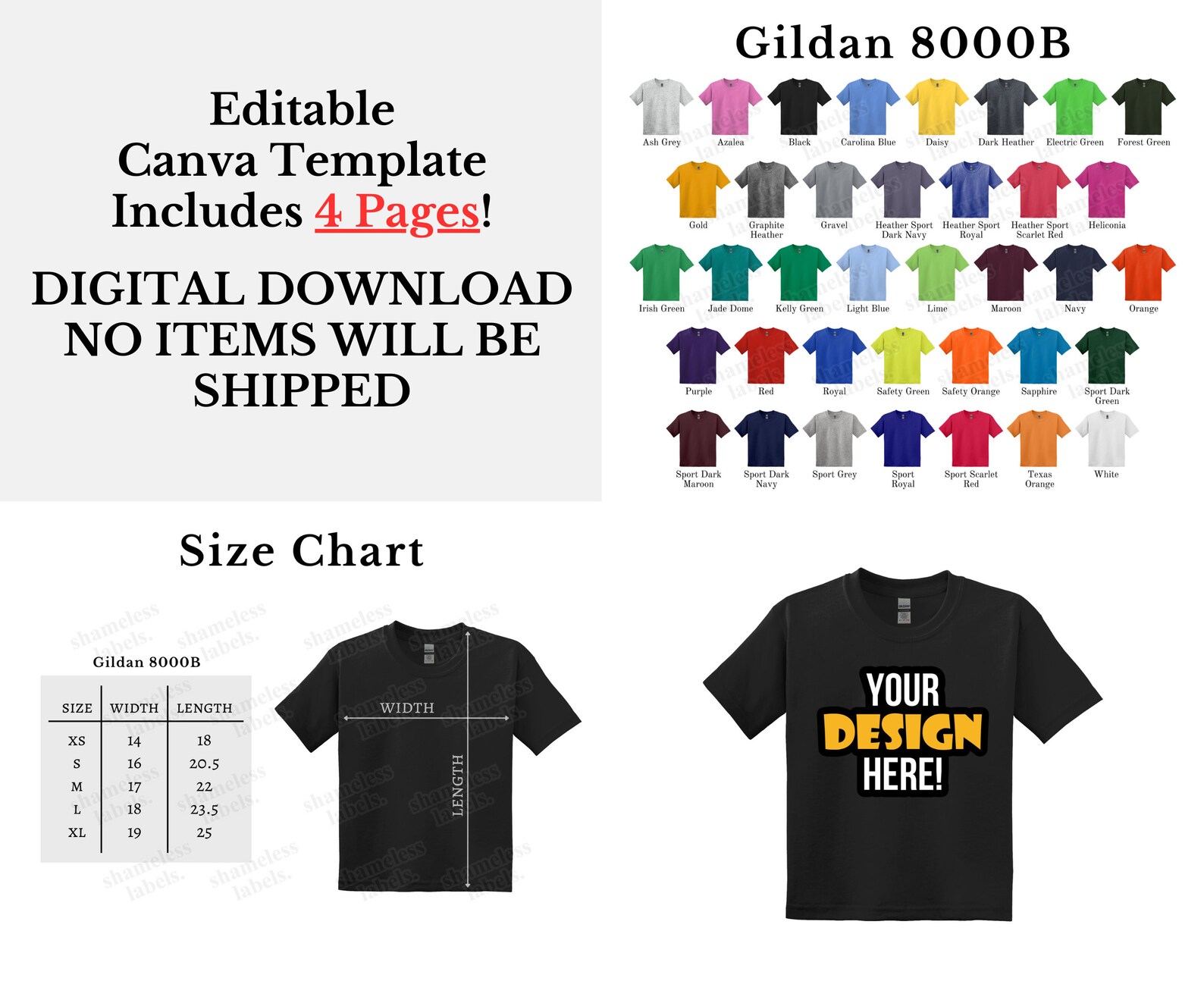 Editable Gildan 8000B Color Chart & Size Chart, Canva Template, G800B ...