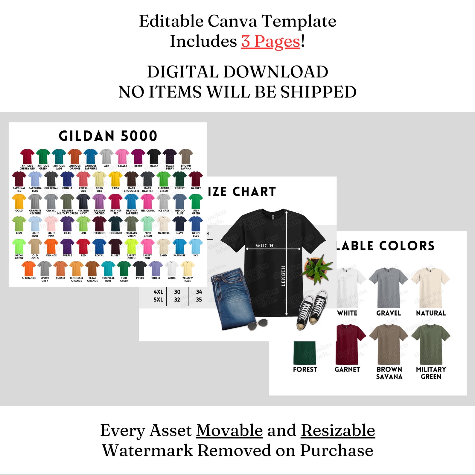 Editable Gildan 5000 Color Chart, Canva Template, G500 Color Chart ...