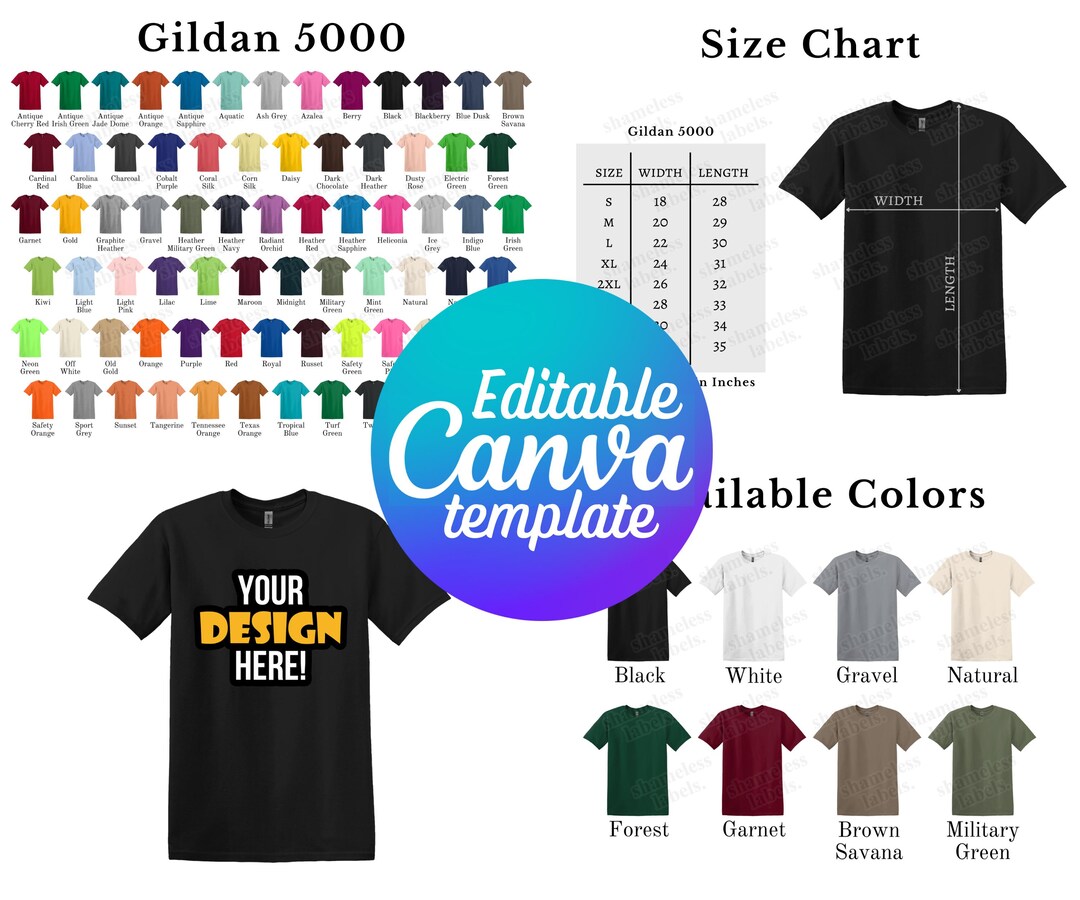Gildan 5000 Color Chart & Size Chart Canva Template (digital Download ...