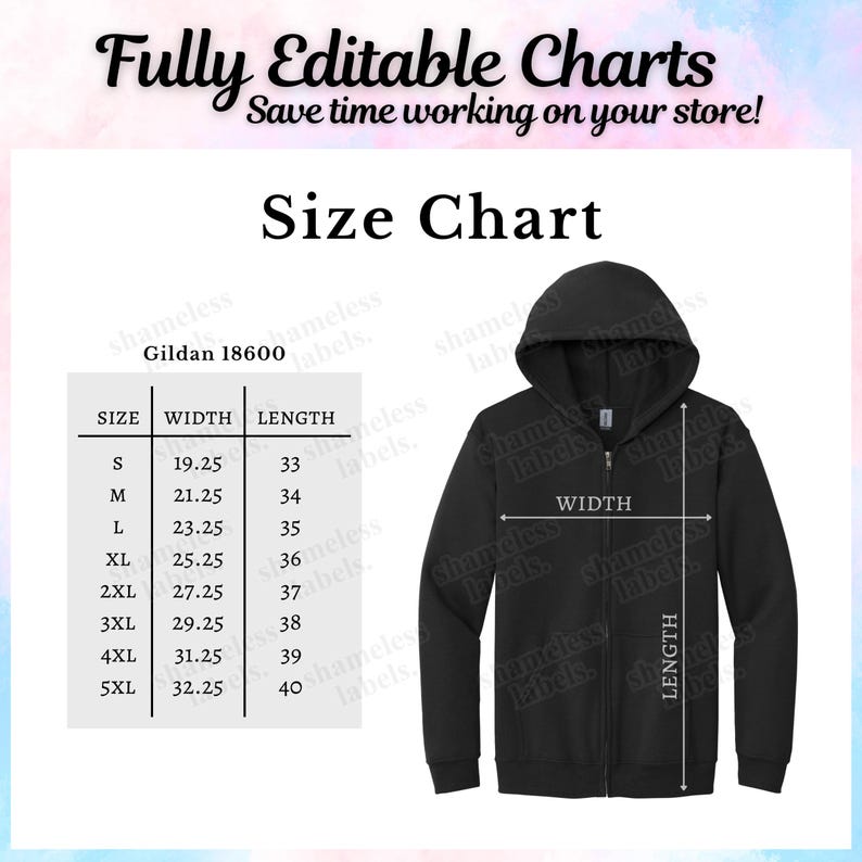 Gildan 18600 Size Chart & Color Chart, Editable Canva Template, G186 ...