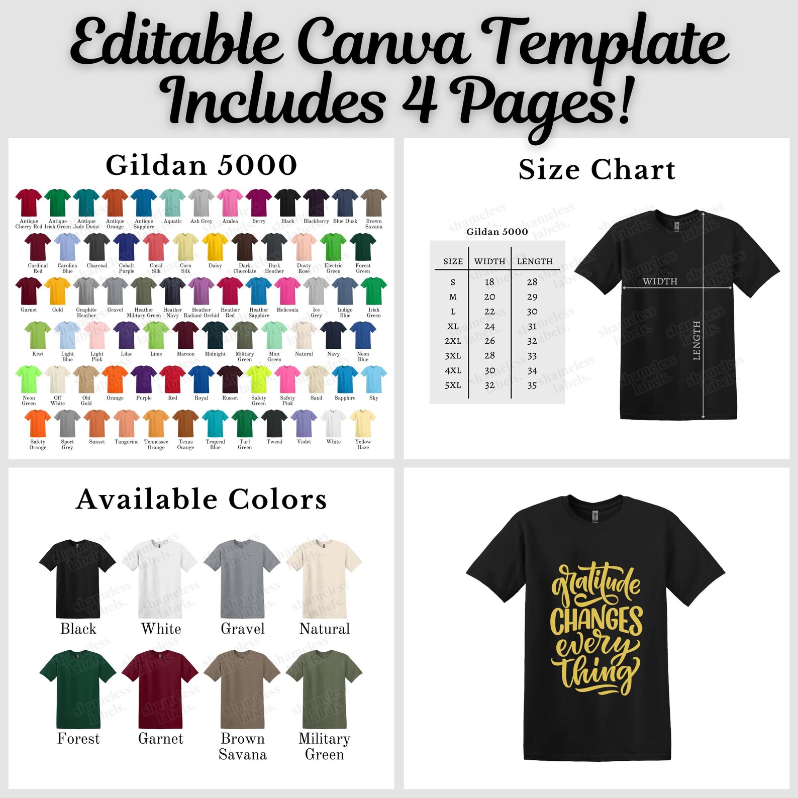 Gildan 5000 Color Chart & Size Chart, Editable Canva Template, G500 ...