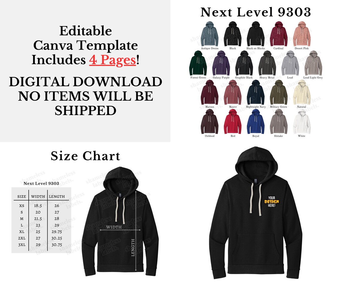 Editable Next Level 9303 Color Chart & Size Chart, Canva Template ...