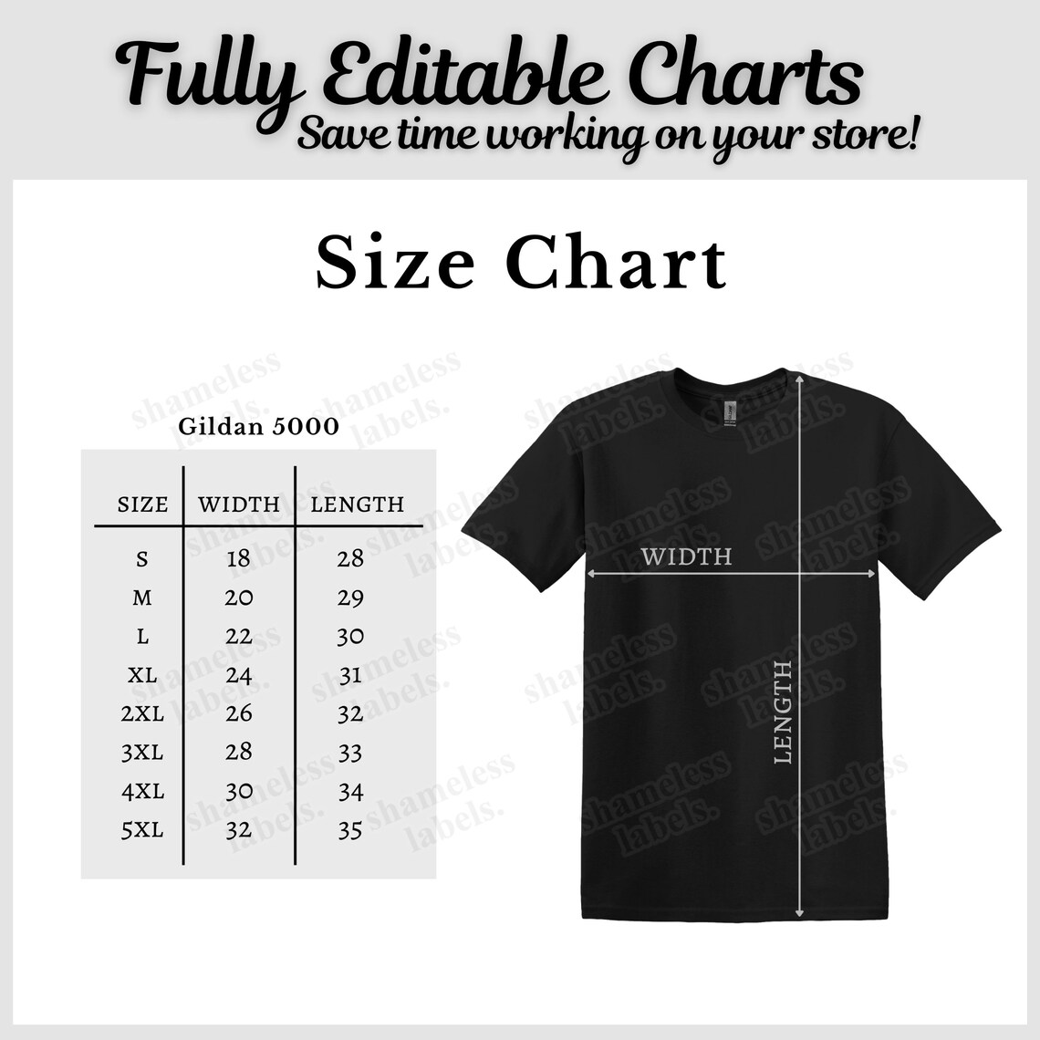Gildan 5000 Color Chart & Size Chart, Editable Canva Template, G500 ...