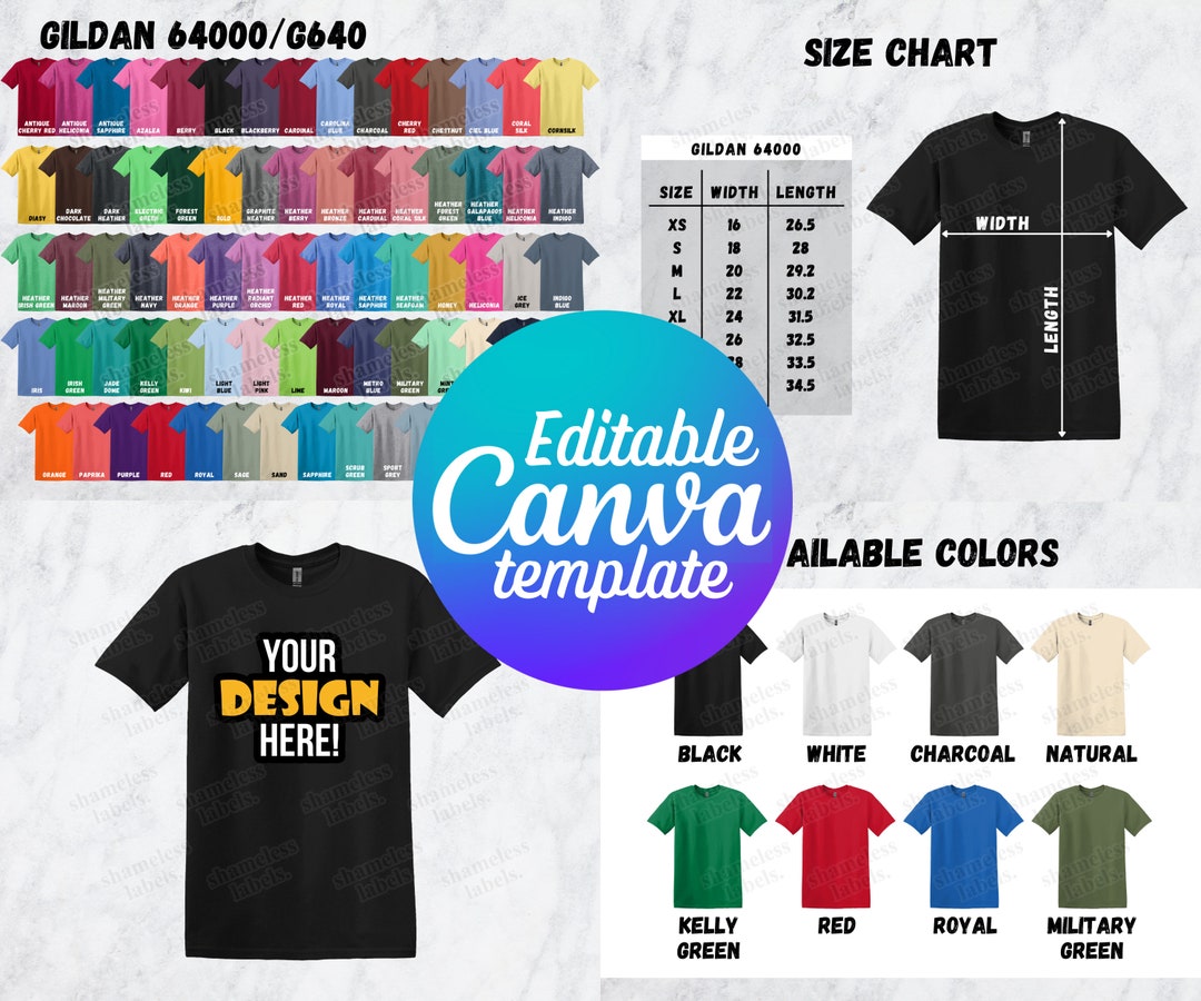 Editable Gildan 64000 Color Chart & Size Chart, Canva Template, G640 ... Editable Gildan 64000 Color Chart & Size Chart, Canva Template, G640 ...