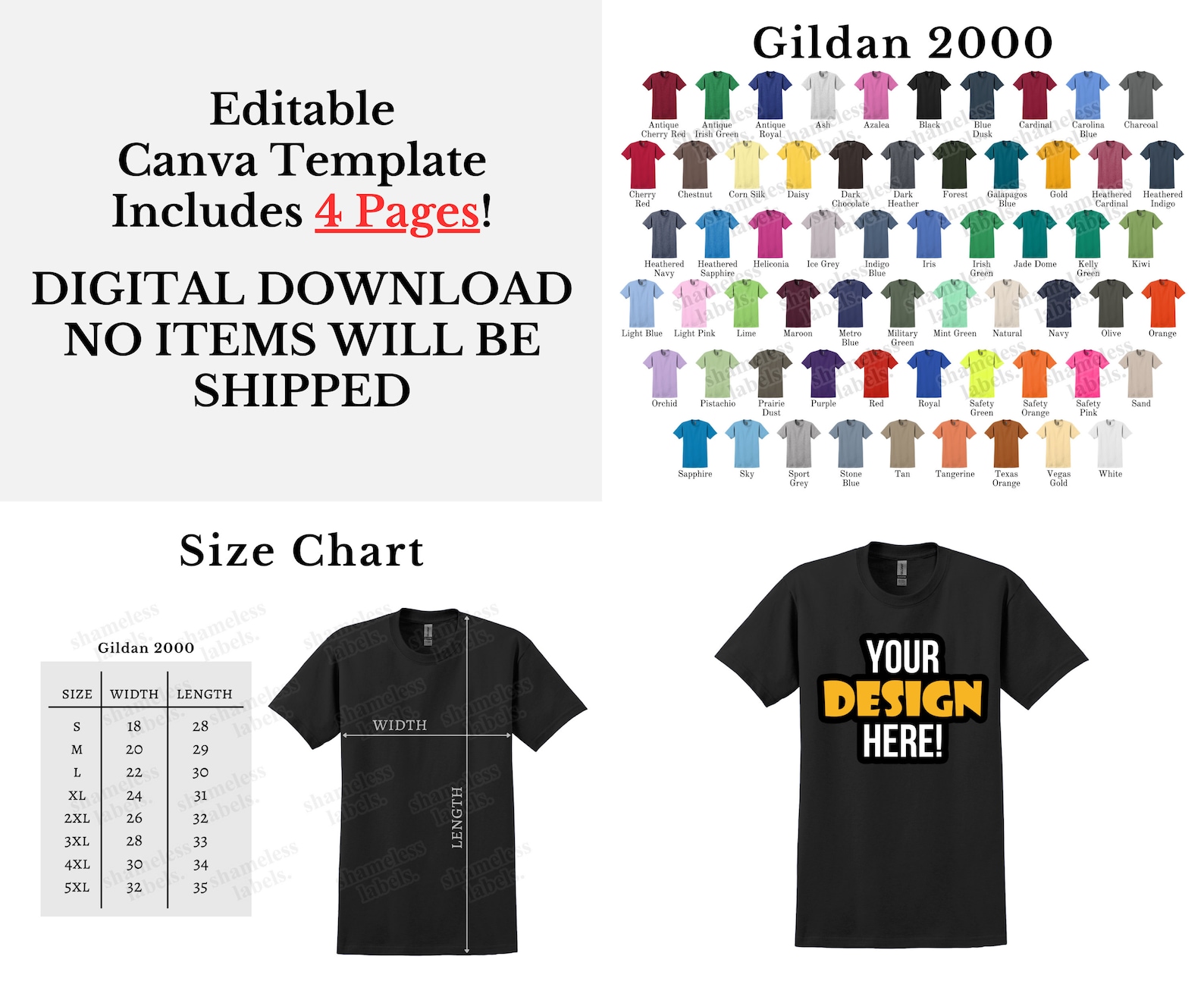 Editable Gildan 2000 Color Chart & Size Chart, Canva Template, G200 ...