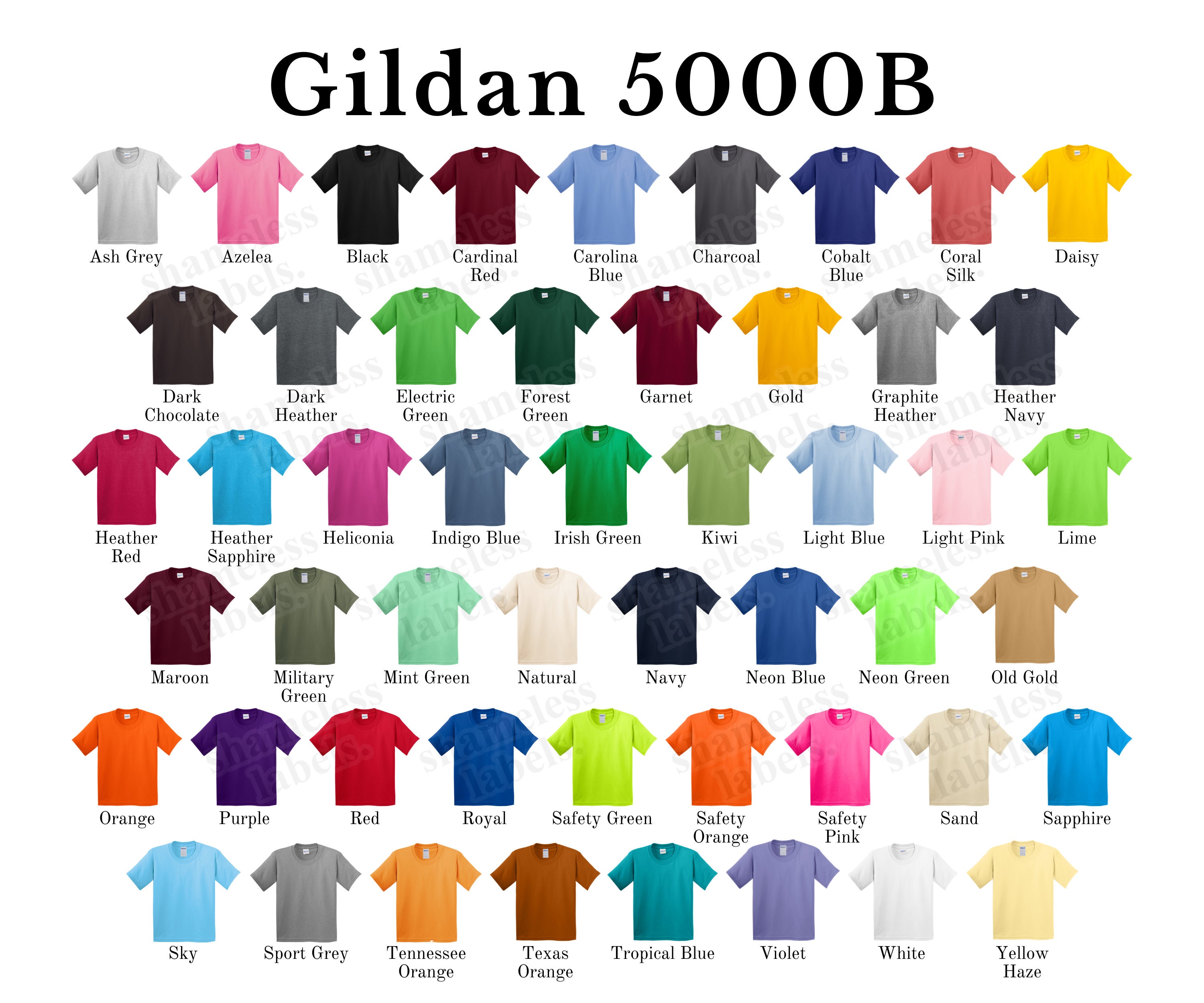 Editable Gildan 5000B Color Chart & Size Chart, Canva Template, G500B ...