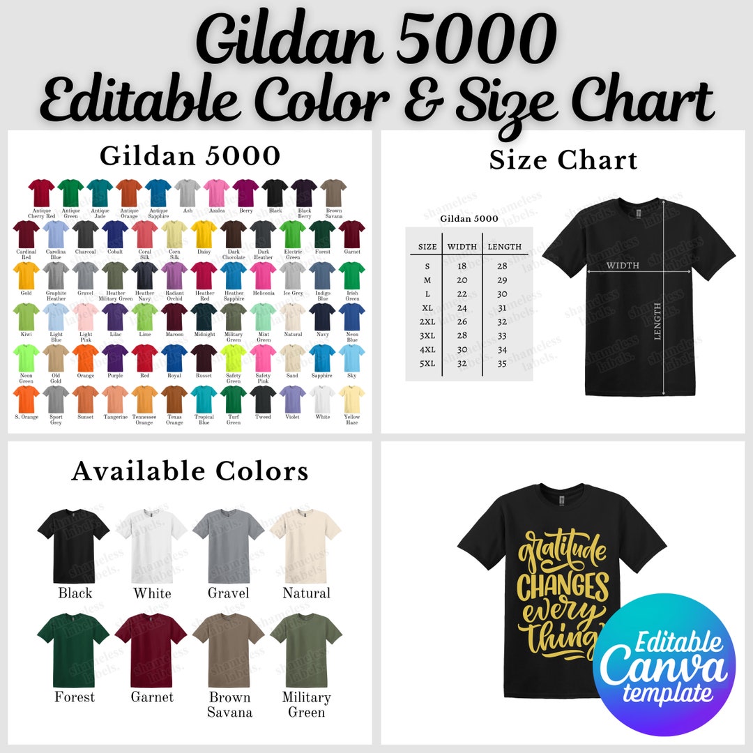 Gildan 5000 Color Chart & Size Chart, Editable Canva Template, G500 ...