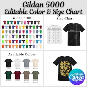 Gildan 5000 Color Chart & Size Chart, Editable Canva Template, G500 ...