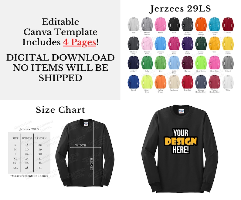 Editable Jerzees 29SL Color Chart & Size Chart, Canva Template, Jerzees ...