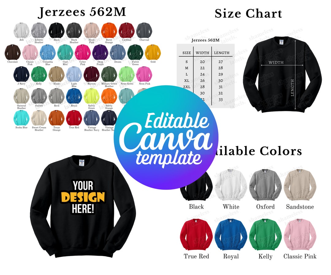 Editable Jerzees 562 Color Chart & Size Chart, Canva Template, Jerzees ...
