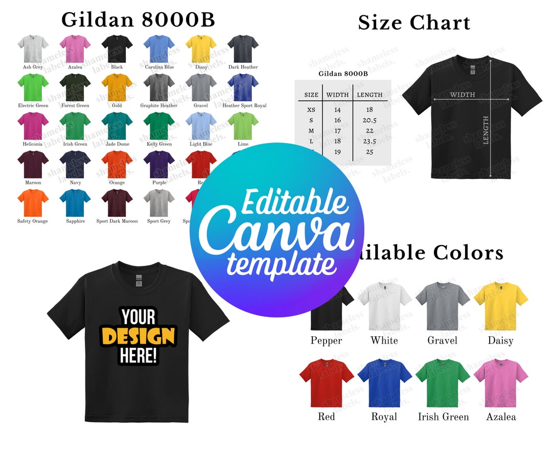 Editable Gildan 8000B Color Chart & Size Chart, Canva Template, G800B ...