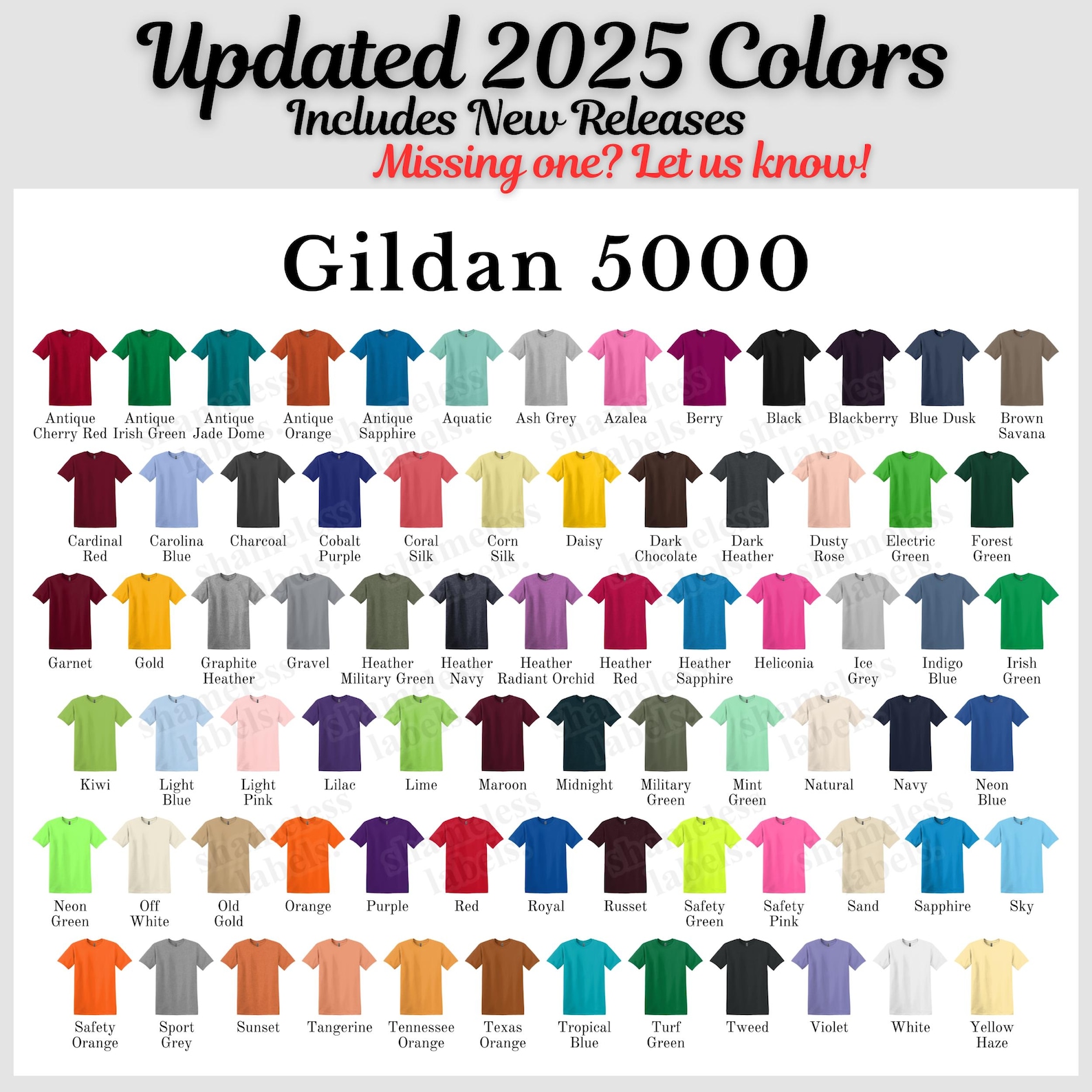 Gildan 5000 Color Chart & Size Chart, Editable Canva Template, G500 ...