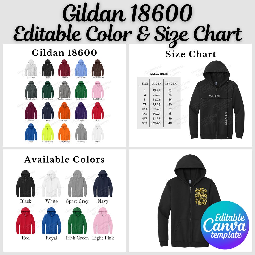 Gildan 18600 Color Chart & Size Chart, Editable Canva Template, G186 ...