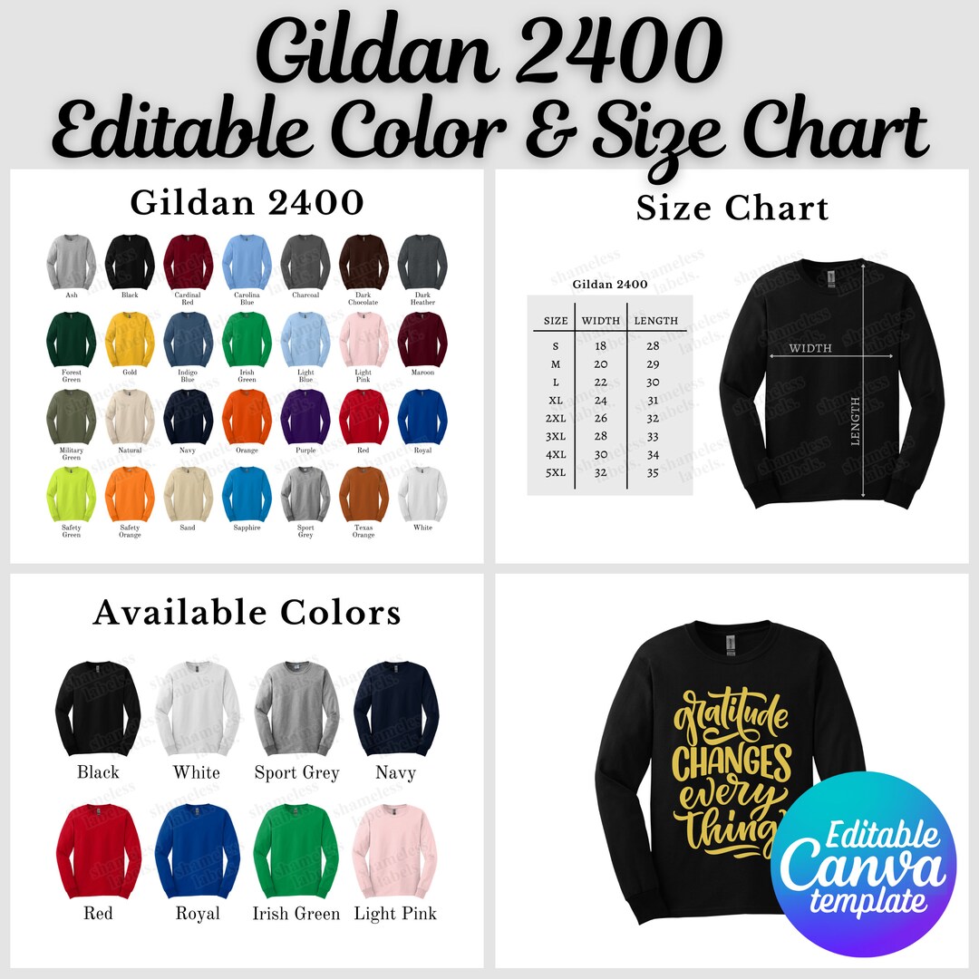 Gildan 2400 Color Chart & Size Chart, Editable Canva Template, G240 ...