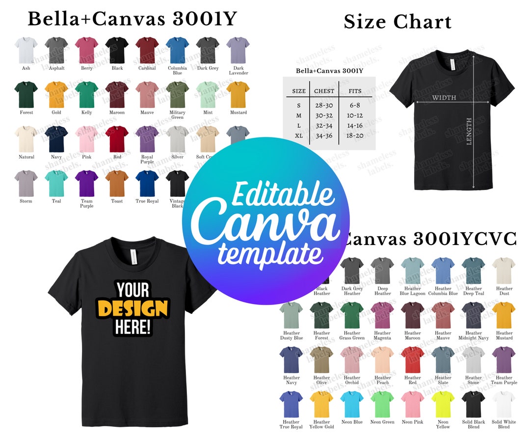 Editable Bella Canvas 3001Y Color Chart & Size Chart, Canva Template ...