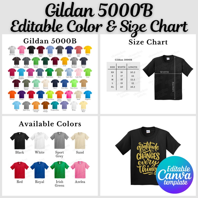 Gildan 5000B Color Chart & Size Chart, Editable Canva Template, G500B ...