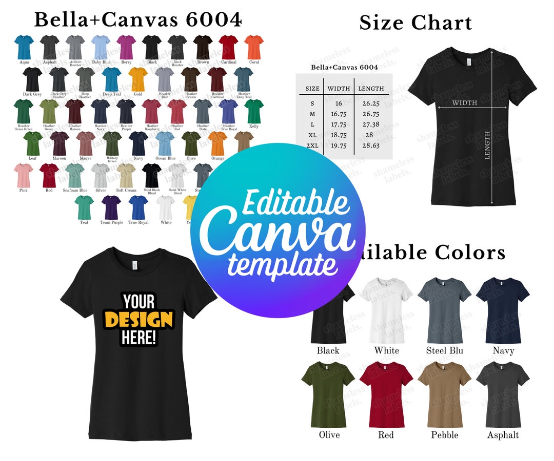 Editable Bella Canvas 6004 Color Chart & Size Chart, Canva Template ...