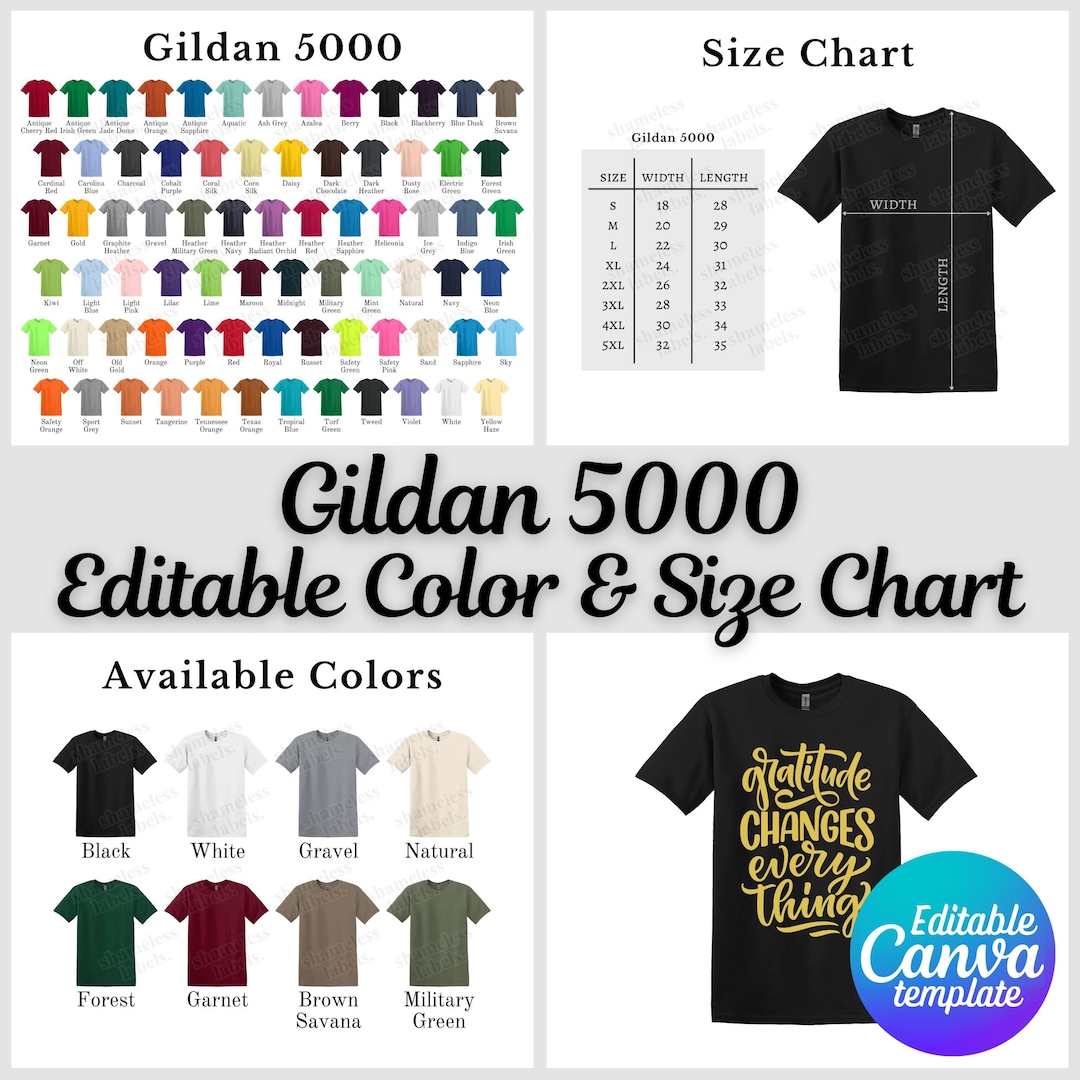 Gildan 5000 Color Chart & Size Chart, Editable Canva Template, G500 ...
