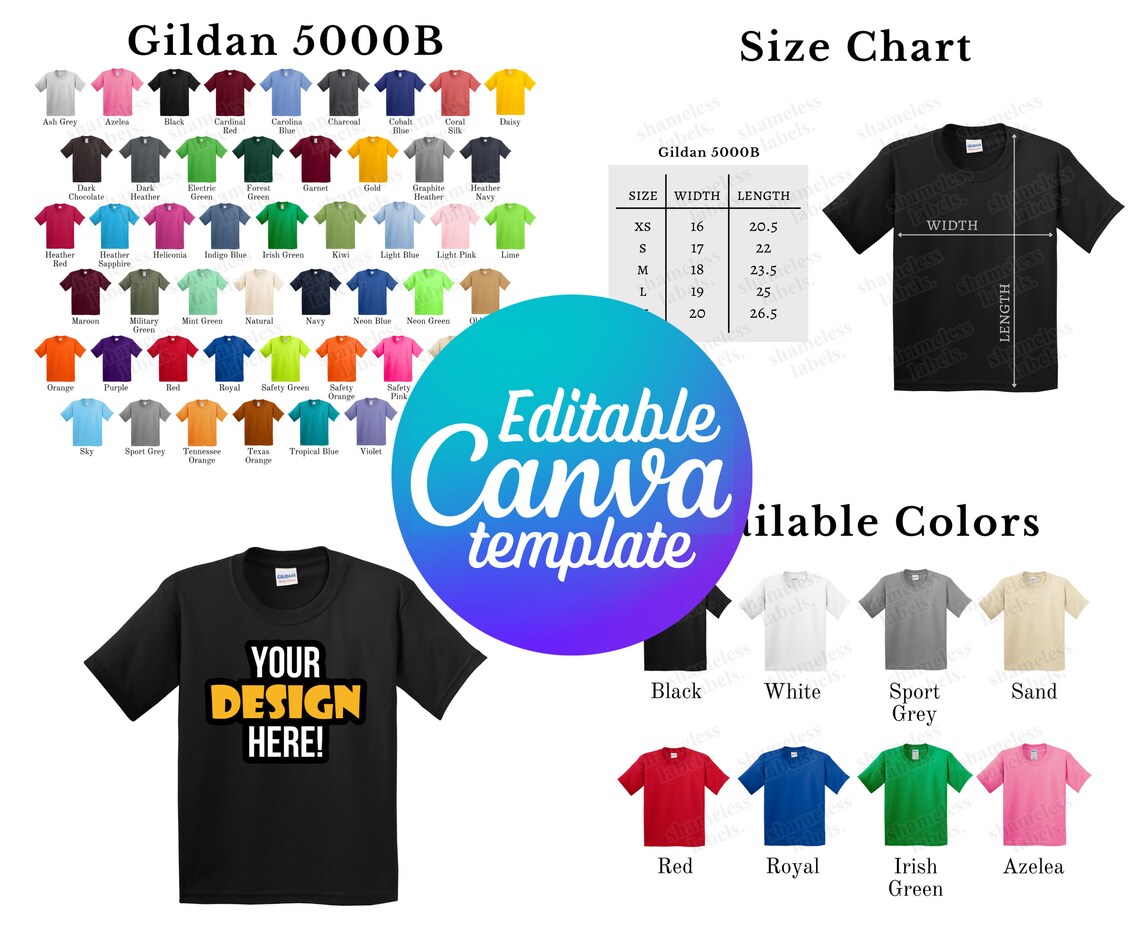 Editable Gildan 5000B Color Chart & Size Chart, Canva Template, G500B ...