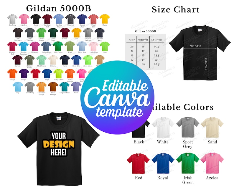 Editable Gildan 5000B Color Chart & Size Chart, Canva Template, G500B ...