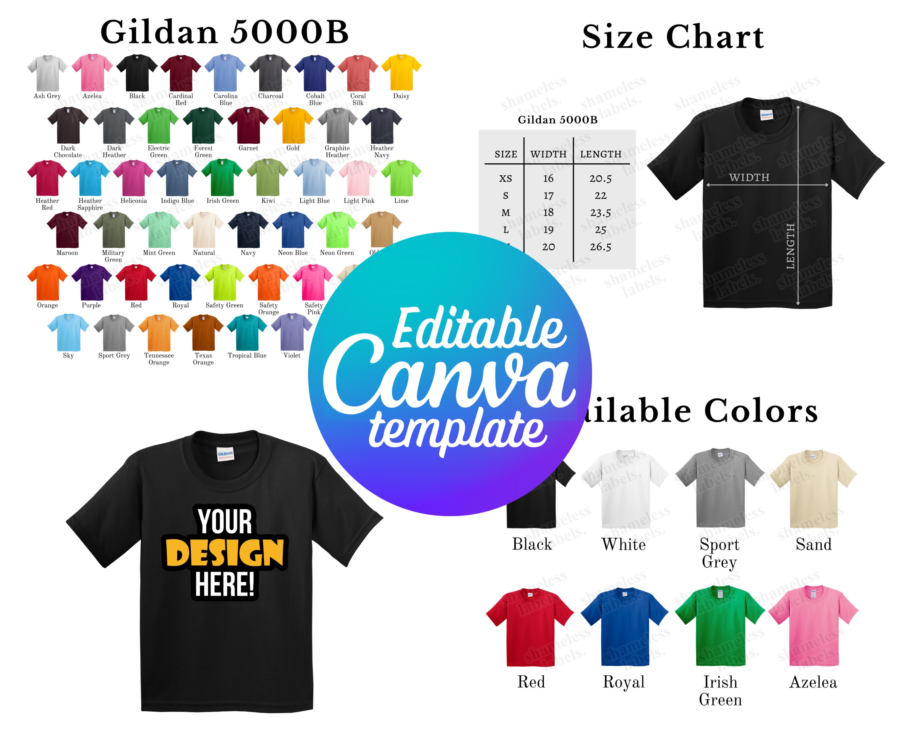 Editable Gildan 5000B Color Chart & Size Chart, Canva Template, G500B ...